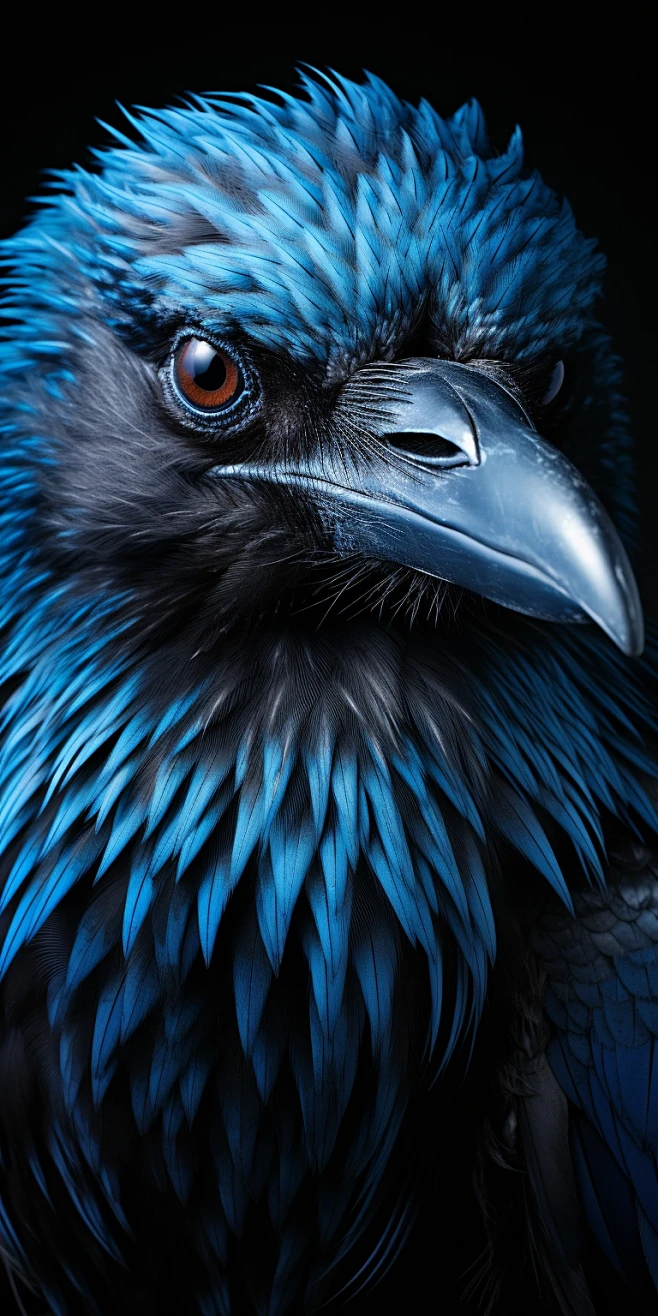 a closeup photograph of a spectacular blue-eyed raven with glossy blue ...