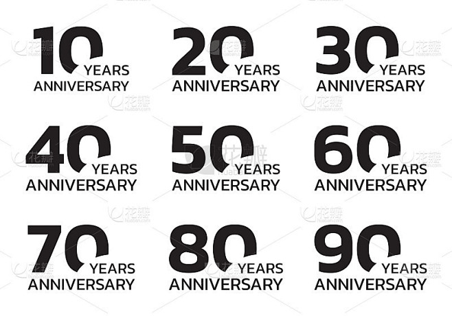 周年纪念日。生日徽章或标志收集与10,20,30,40,50,60,70,80,90年庆祝。矢量插图