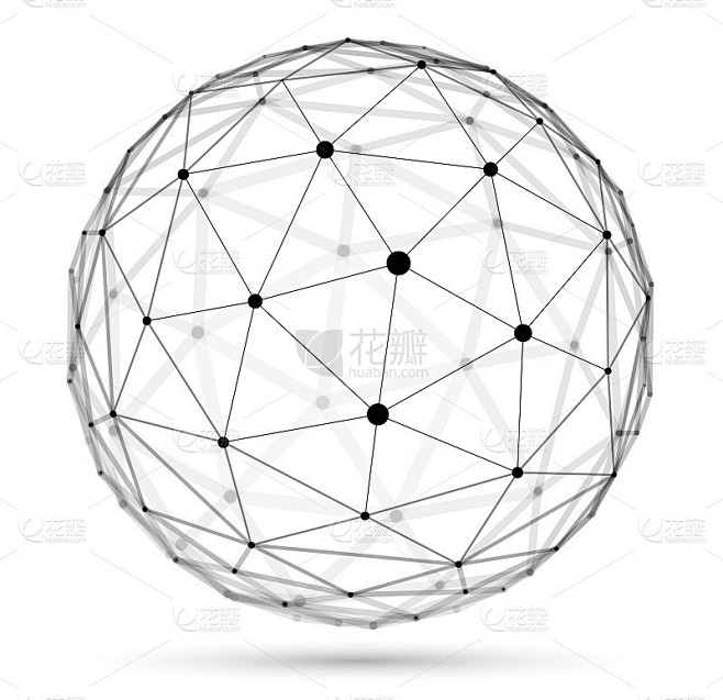 摘要三维网格球矢量图，点与线连接技术多边形物体在白色背景上隔离，动态栅格具有逼真的景深效果。