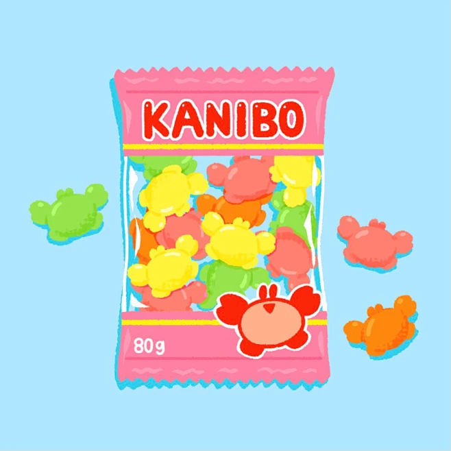 This may contain: a bag of kanibo gummy bears on a blue background-花瓣网