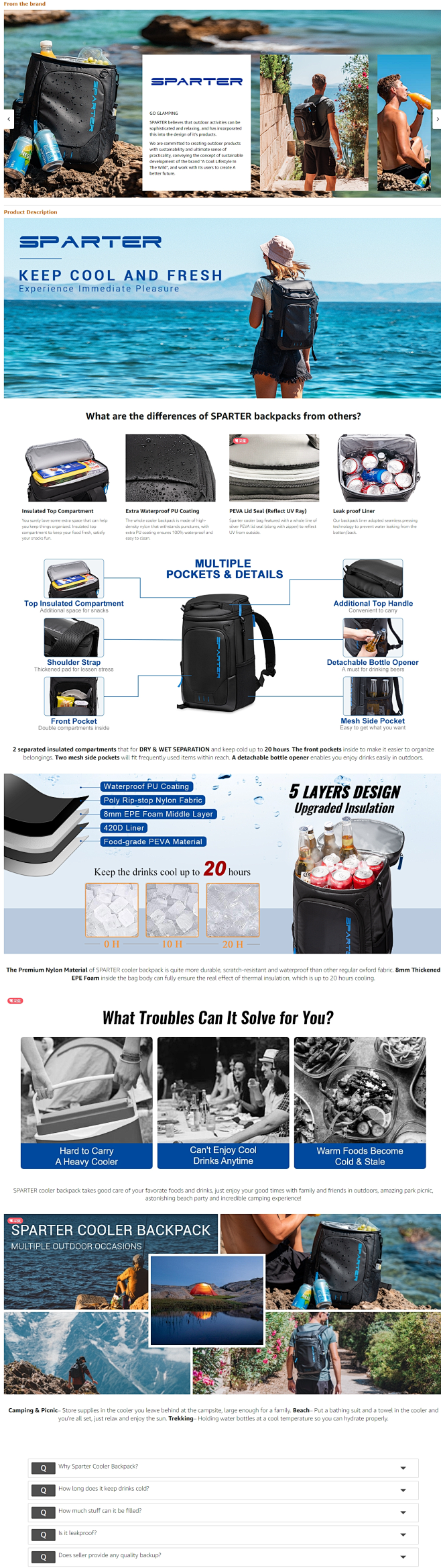 SPARTER Backpack Cooler Insulated Leak Proof 33 Cans, Waterproof ...