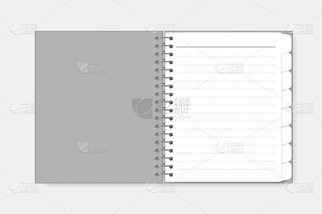 Open spiral notebook with tab dividers, vector moc