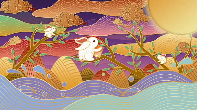 玉兔月兔国潮风中秋节插画-花瓣网