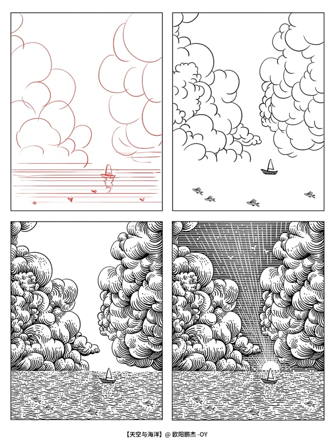 云的画法创作|天空与海洋手绘版画教程 - 小红书