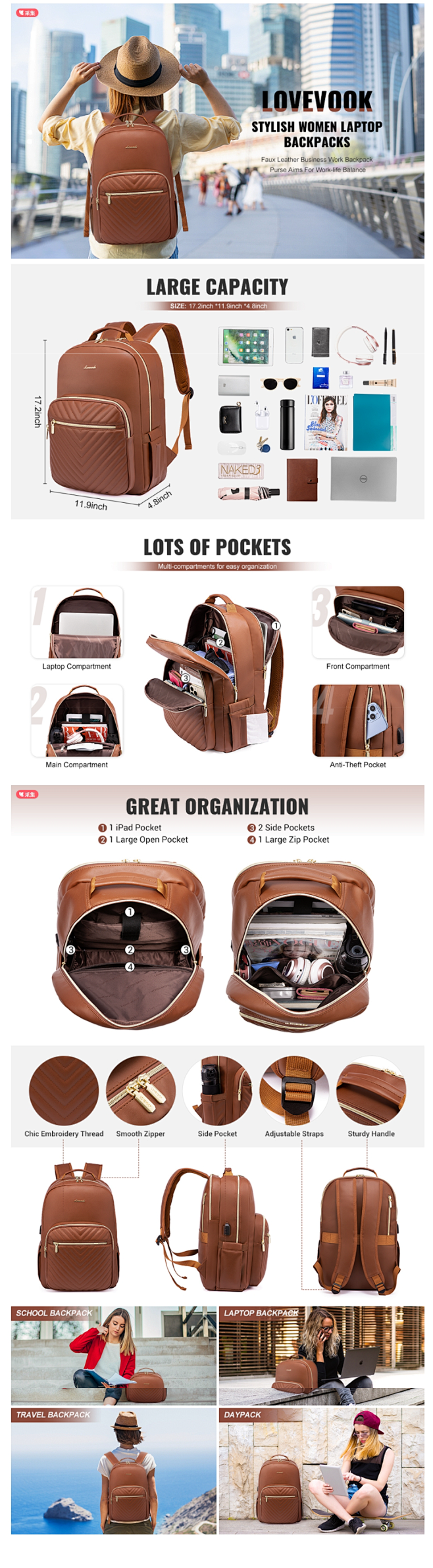 Amazon.com: LOVEVOOK Laptop Backpack for Women, Faux Leather Business ...