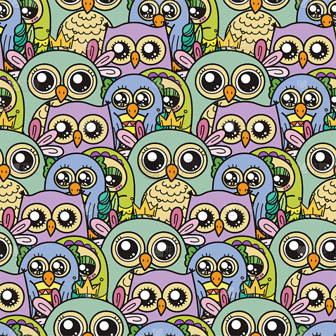 Seamless pattern with cute cartoon owls and furry