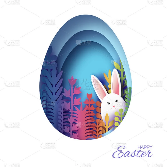 Happy Easter Greeting card with paper cut bunny ra素材-花瓣网