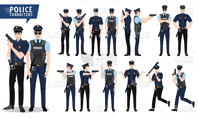 Police vector character set. Policeman characters 素材-花瓣网