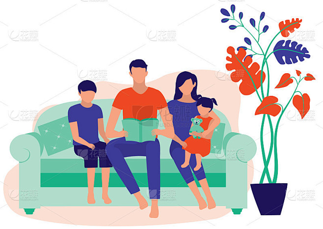 家庭一起在家读书。爸爸，妈妈，儿子和女儿坐在沙发上。家庭时刻与家庭教育理念。矢量平面卡通插图。
