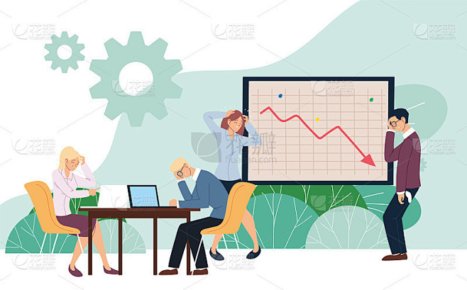 businesspeople with headache decrease arrow on boa