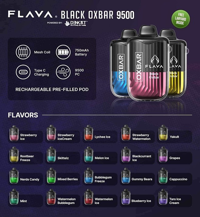 可能是包含下列内容的图片：上面的文字是“FLAVA BLACK OXBAR 9500 POWEREDBY DEKAT FREE LANYARD ...