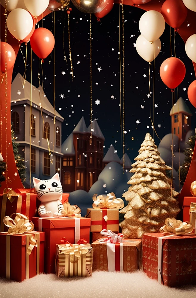 A christmas party setting with fireworks, gifts and balloons and 3d ...