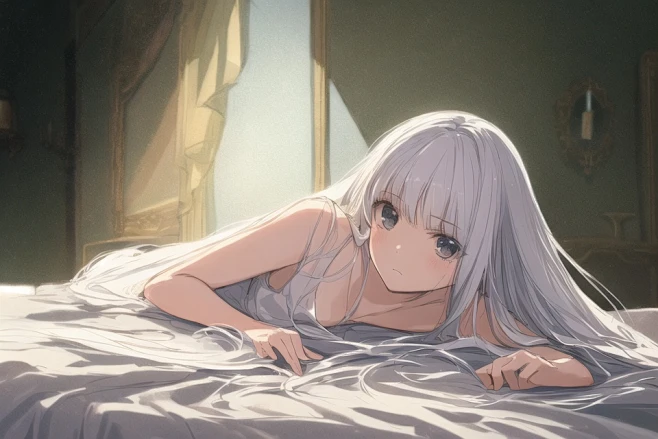 #AI 白髪少女＋ベッド - Ywx9的插画-花瓣网