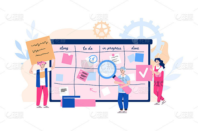 小人站在任务板旁边，平面卡通矢量插图。