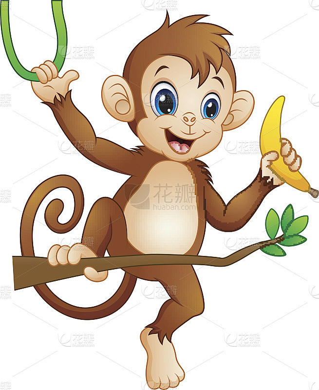 卡通猴子在树枝上拿着香蕉