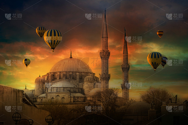 概念,土耳其,伊斯坦布尔,清真寺,热气球,抽象拼贴画,日出,冒险,旅行