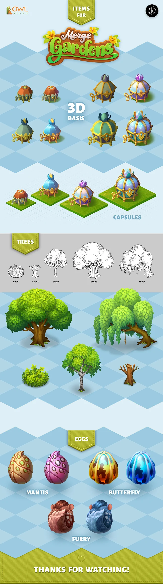 3D model chest egg Game Art Merge Merge Gardens owl studio props Tree ...