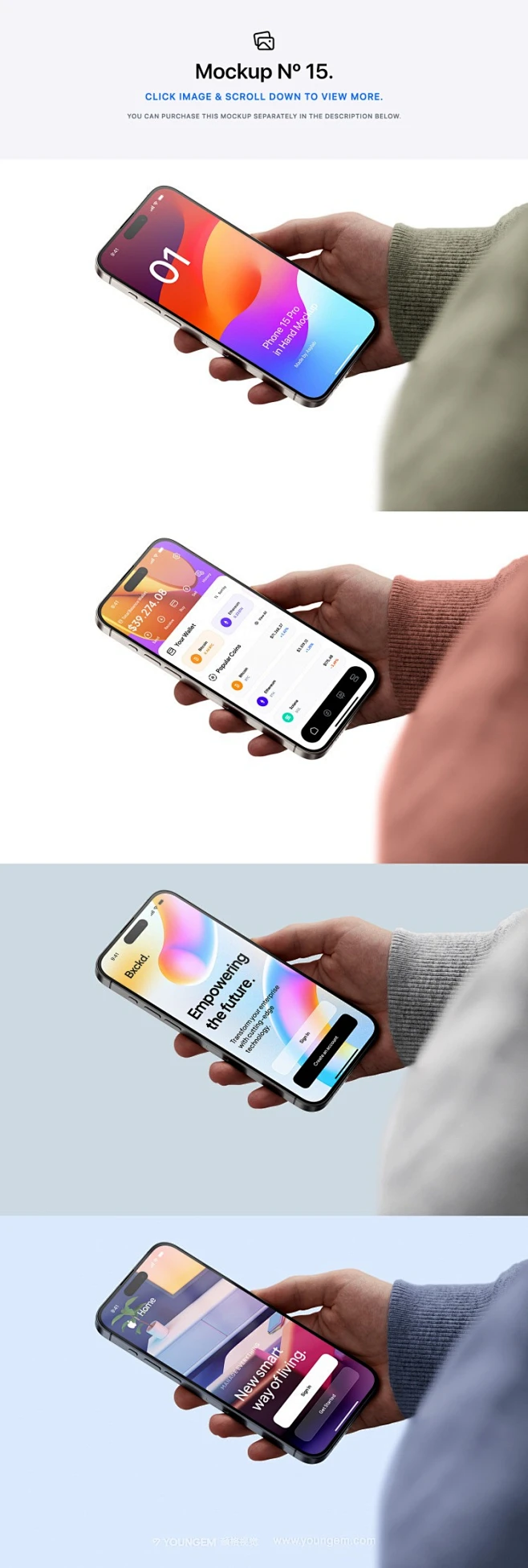 15款手持iPhone15手机ps样机App应用ui界面设计作品展示效果图下载_颜格视觉-花瓣网