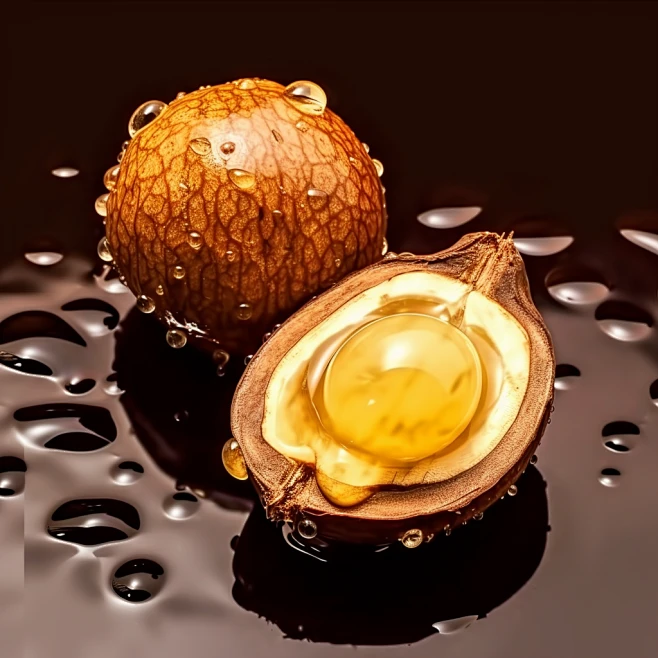 leqee_sh001_Two_macadamia_nuts_wrapped_in_yellow_oil_droplets_l ...