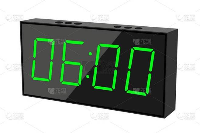 显示06.00的数字时钟的矢量平面插图。用数字数字设计说明报警情况.一个小时的时钟图标，手表，警示牌