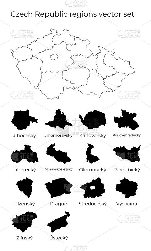 Czech Republic map with shapes of regions.素材-花瓣网