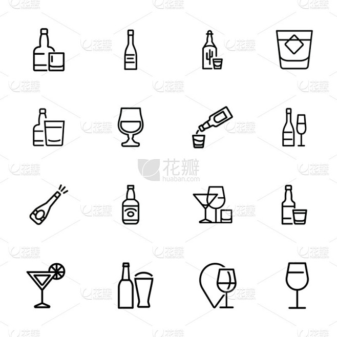 含酒精饮料,图标集,线条,饮料,寒冷,葡萄酒,背景分离,环境,天气,瓶子