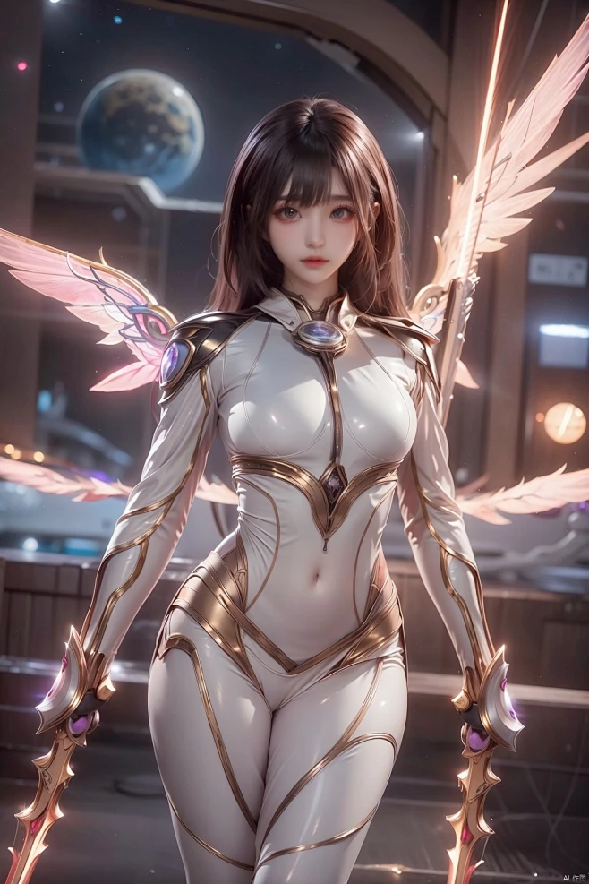 jiqing,1girl,medium breasts,weapon,wings,holding weapon,lips,bodysuit,covered navel,skin tight ...