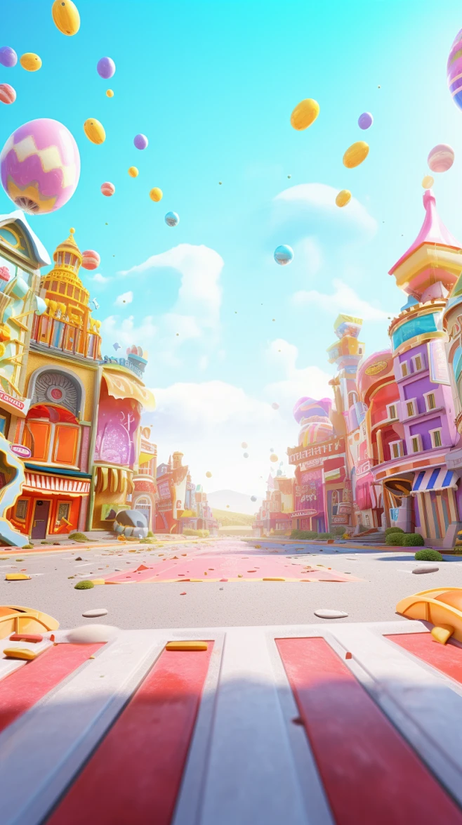 Cities, amusement parks, roads, sunlight, close-up, Bubble Mart style ...