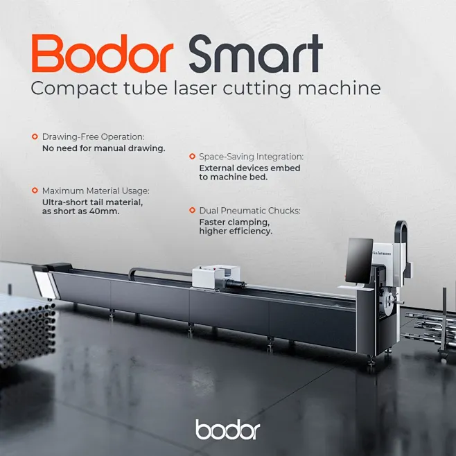 可能是包含下列内容的图片：上面的文字是“Bodor Smart Compact tube laser cutting machine ...