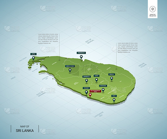 程式化的斯里兰卡地图。等距3D绿色地图与城市，边界，首都，地区。矢量插图。可编辑的图层清晰标记。英语