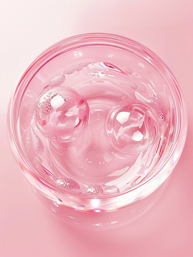 A pink circular transparent glass texture, filled with water and two ...