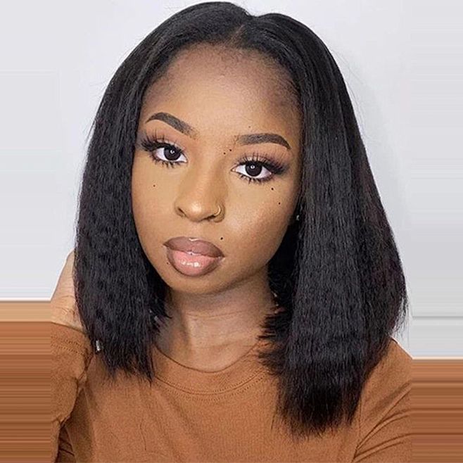 Thin V Part Wig Kinky Straight Bob Human Hair Wigs Without Leave Out