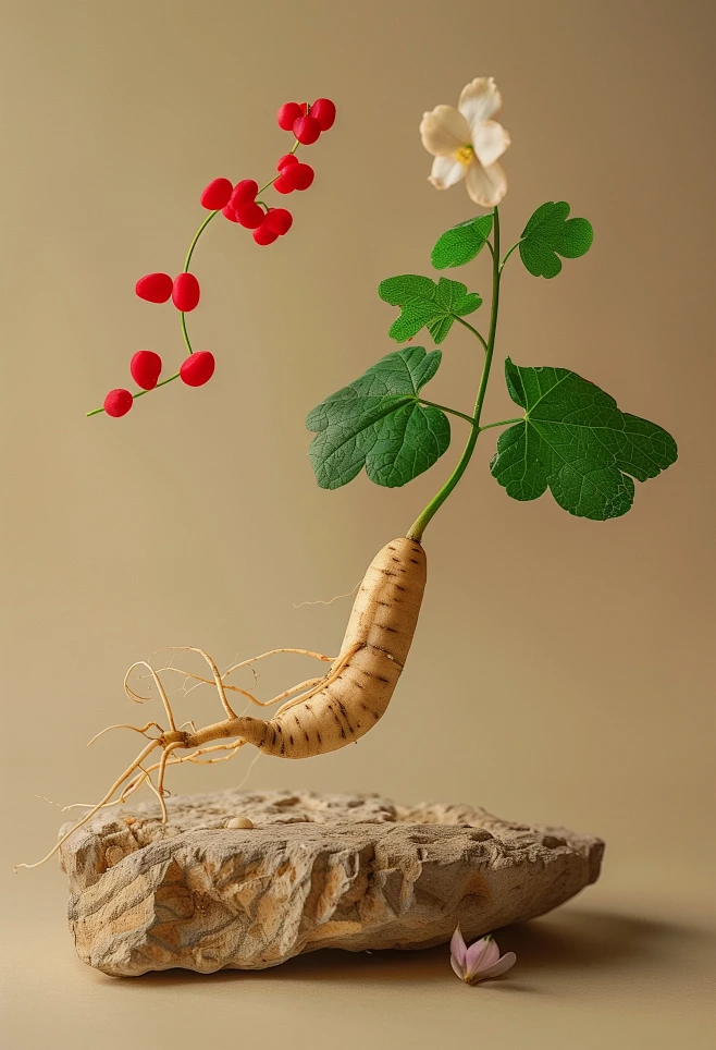 A root of ginseng, ginseng head with several pieces of ginseng green ...