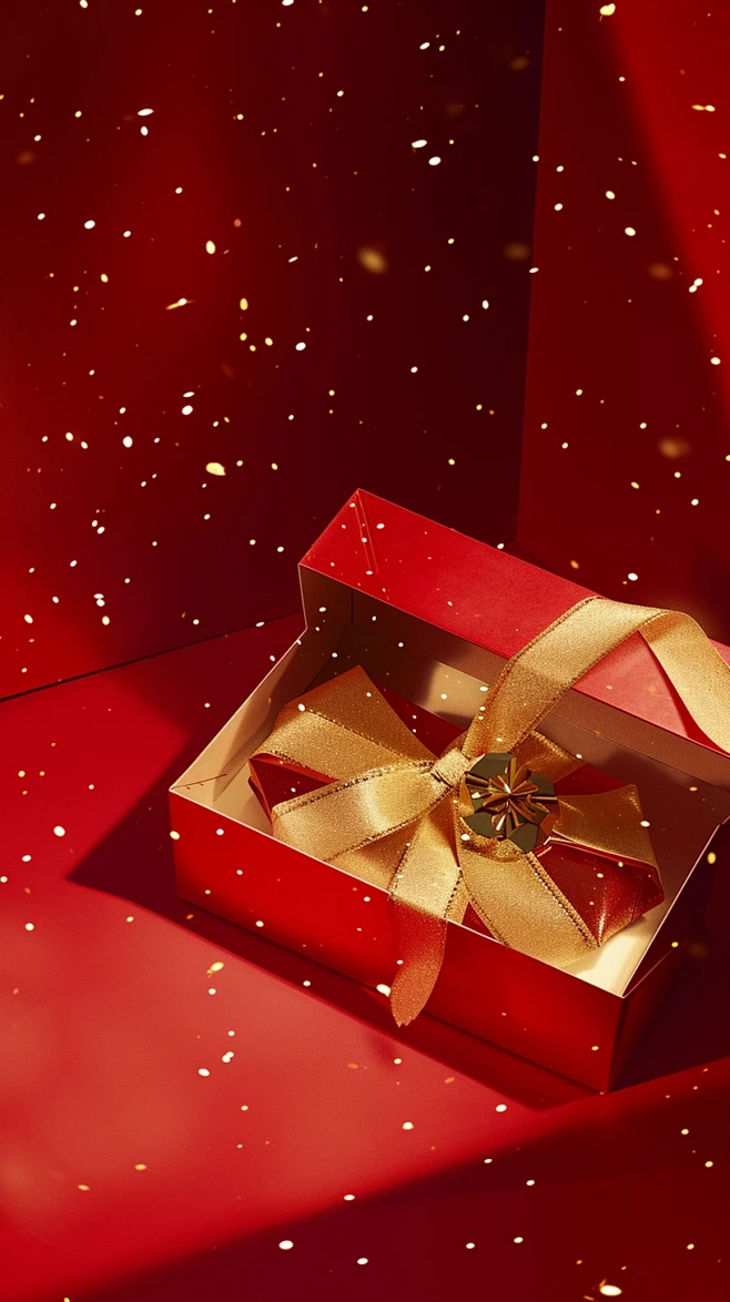 Open christmas gift box with golden ribbon and stars, in the style of ...
