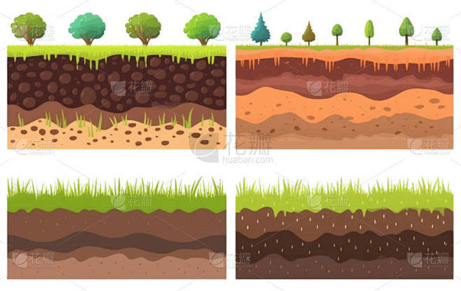 土壤层绿草,白色地面隔离的一组矢量图.