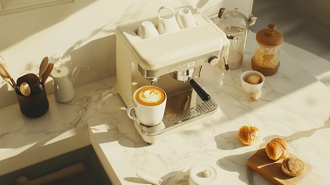 ls7623_A_cream-colored_coffee_machine_with_an_espresso_pot_maki ...