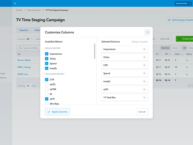 Customize Columns Modal columns drop drag table modal forms blue design ...
