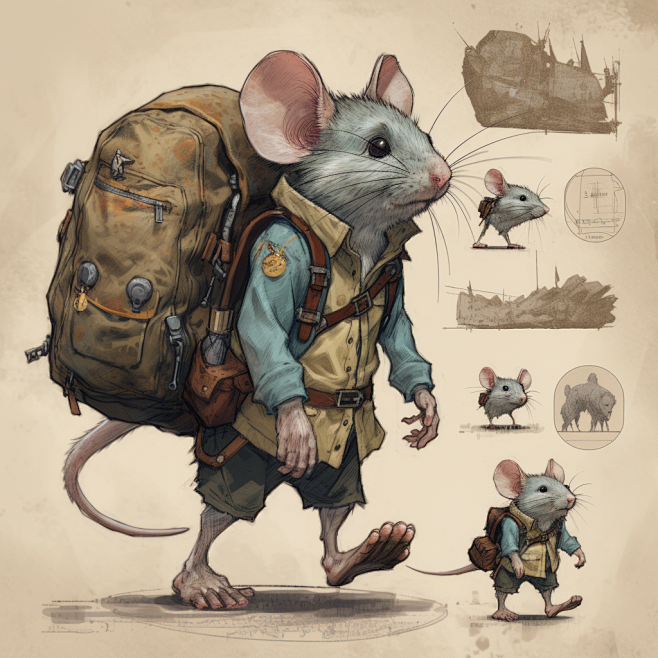 a mouse adventurer with a backpack, conceptart charactersheet by James ...