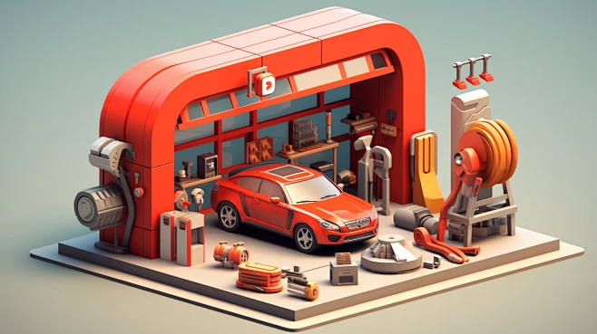 gongxifacai__red_car_auto_repair_shops_scene_Clay_3D_Icon_Carto ...