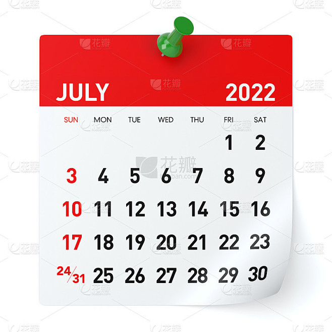 2022年7月——日历。孤立在白色背景。3D插图