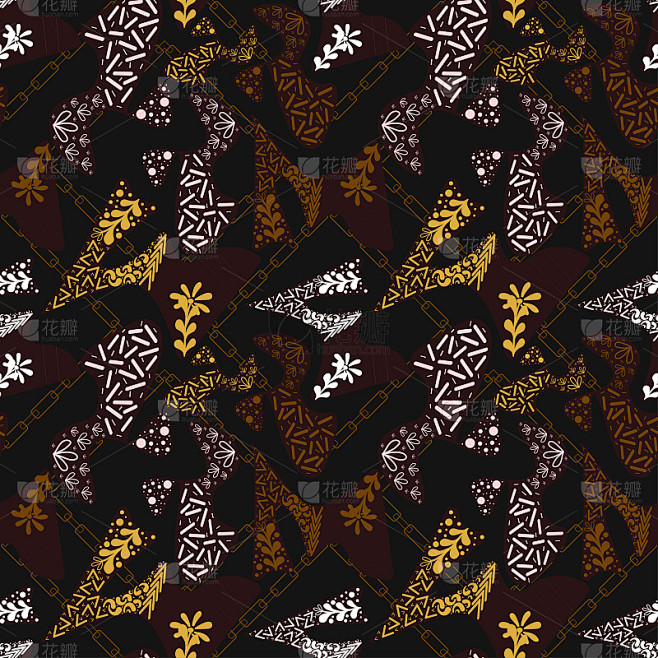 dark red figures with brown ornaments and chains o