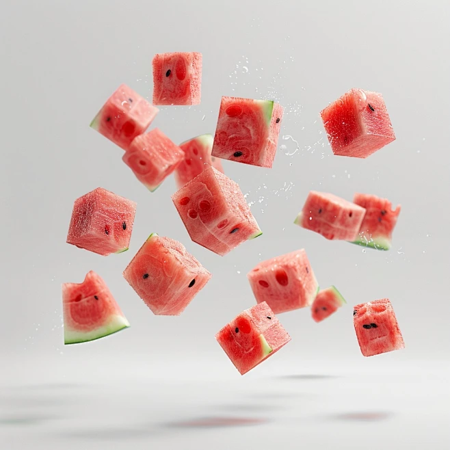 Watermelon cubes without rind flying in the air on white background ...