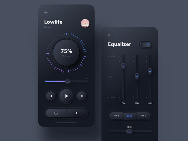 Skeuomorphic Music Player Dark Theme设置均衡器eq播放器音乐素描设计UX ui mobileapp io