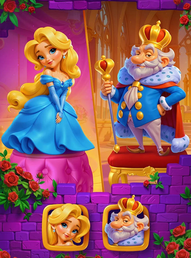 cartoon princess and king in fantasy slot game UI-花瓣网