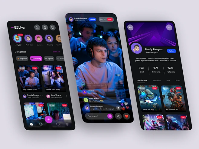 GoLive - Streaming App app card clean dark mode design game game ui ...