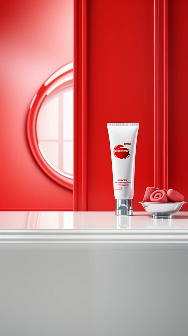 Red toothpaste near a mirror in a white and red bathroom, studio light ...