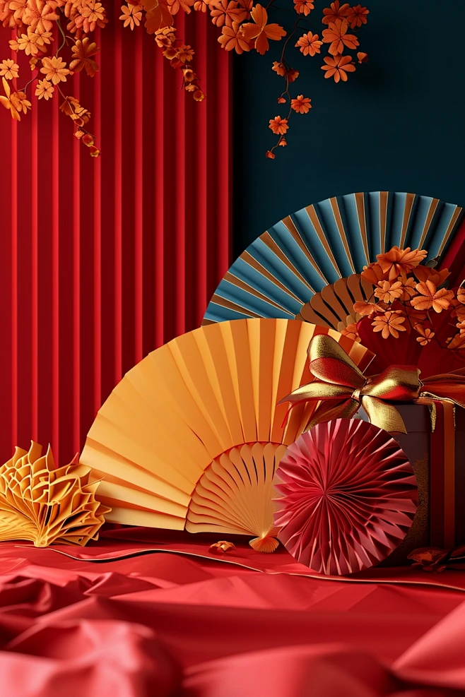 Gift, golden fans and bow on red curtains, in the style of paper ...