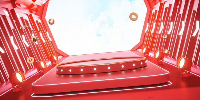 c4d618红色C4D立体展台礼物盒618年中大促展板背景618年中大促C4D背景.c4d,psd-花瓣网