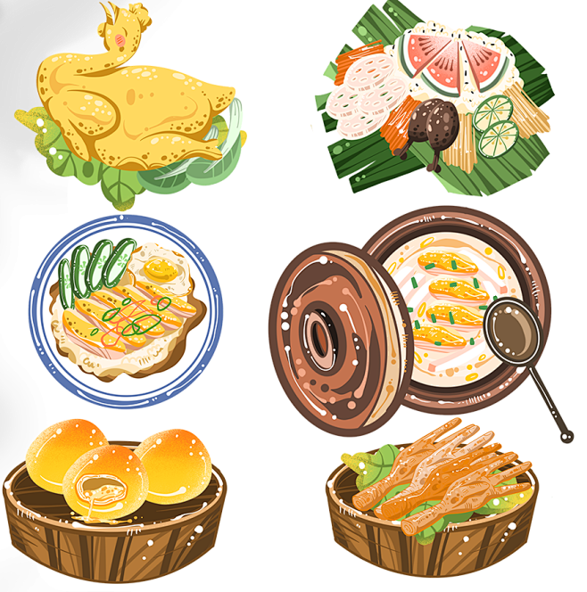 椰子鸡文昌鸡饭流沙包海南特色美食元素插画