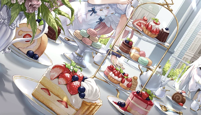 This may contain: a woman standing in front of a table filled with ...